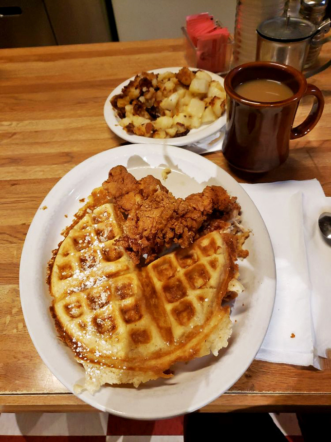Chicken and waffles: where breakfast meets lunch, crispy meets fluffy, and your diet meets its temporary demise.