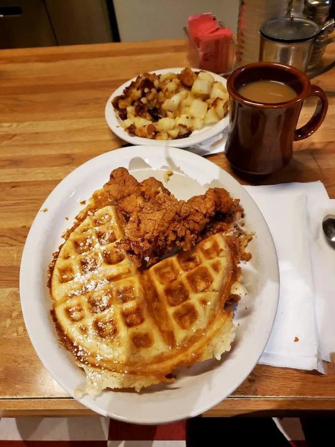 Chicken and waffles: where breakfast meets lunch, crispy meets fluffy, and your diet meets its temporary demise.