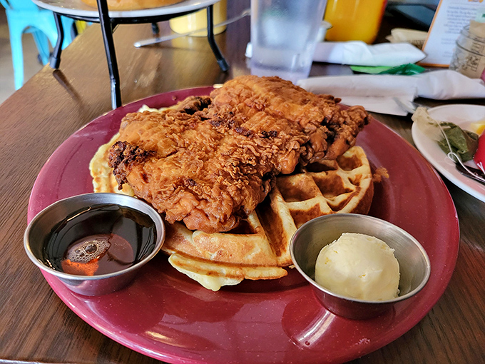 Chicken and waffles: the breakfast equivalent of a mullet—business on the bottom, party on top, and absolutely delicious all around.