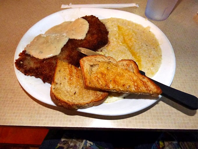 Country fried steak with gravy that could make you weep with joy. The toast is just there to soak up what your fork can't catch. 