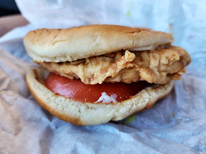 This fried chicken sandwich on a soft bun proves that sometimes simple preparation is the most sophisticated approach.