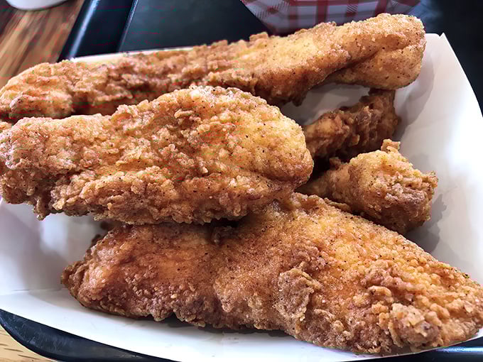 Golden-fried chicken tenders that could make the Colonel himself weep with envy. Crispy armor protecting juicy treasure within.