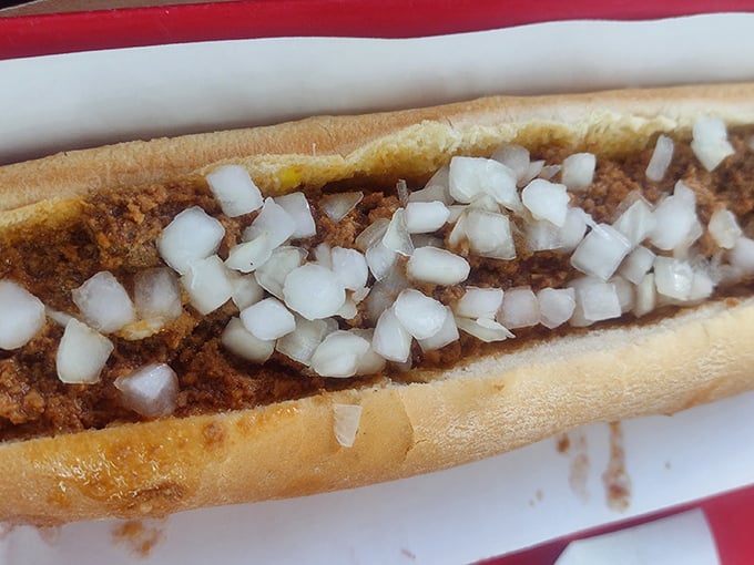 The chili dog in its natural habitat—simple, unpretentious, and topped with a snowfall of diced onions. Napkins required, regrets forbidden.