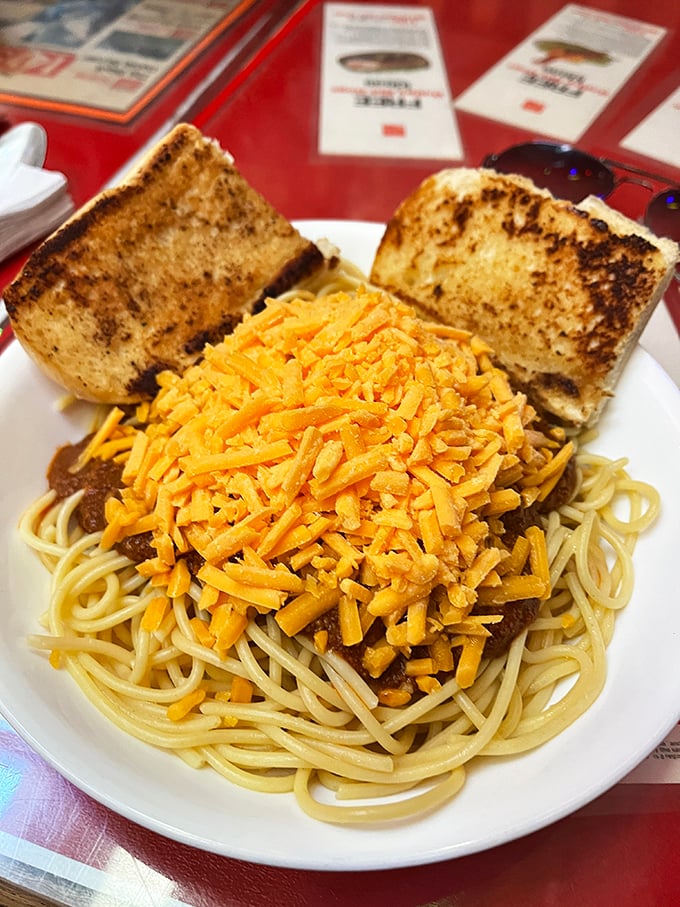 O'Betty's Way spaghetti isn't just a side dish, it's a main event. That mountain of cheese atop chili-drenched pasta makes carb-counting seem downright unpatriotic.