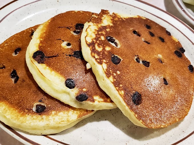 These chocolate chip pancakes don't need syrup to sing—they're the fluffy, golden-brown canvas that breakfast dreams are painted on.