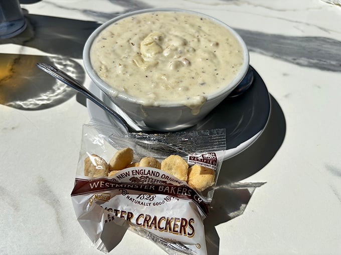 The holy grail of New England cuisine—clam chowder so creamy and packed with clams it should require a spoon license.