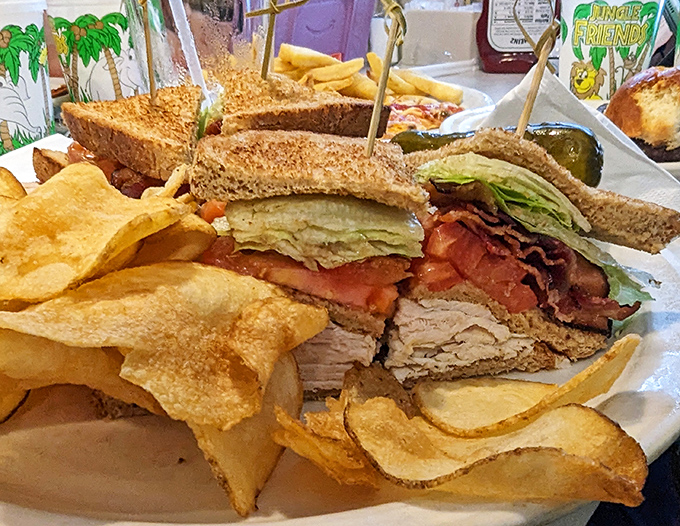 The club sandwich – architecture you can eat. Layers of turkey, bacon, and fresh vegetables create the skyscraper of sandwiches, with chips as the foundation.