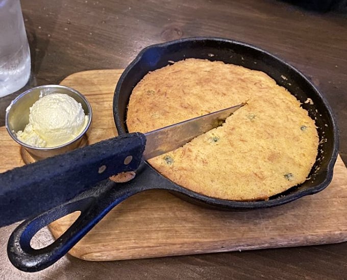 Cornbread in a cast-iron skillet – the South's answer to Italy's focaccia – arrives hot enough to melt the accompanying butter on contact.