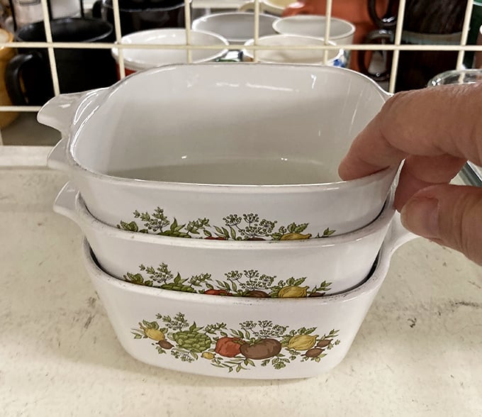 Vintage Corningware with that iconic spice pattern—the Holy Grail of thrift finds. Your grandmother would be so proud.