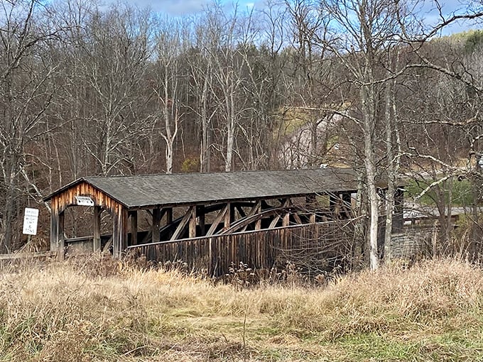 Mother Nature frames this historic treasure perfectly, the rustic wooden structure nestled among bare trees like Pennsylvania's version of a Robert Frost poem.
