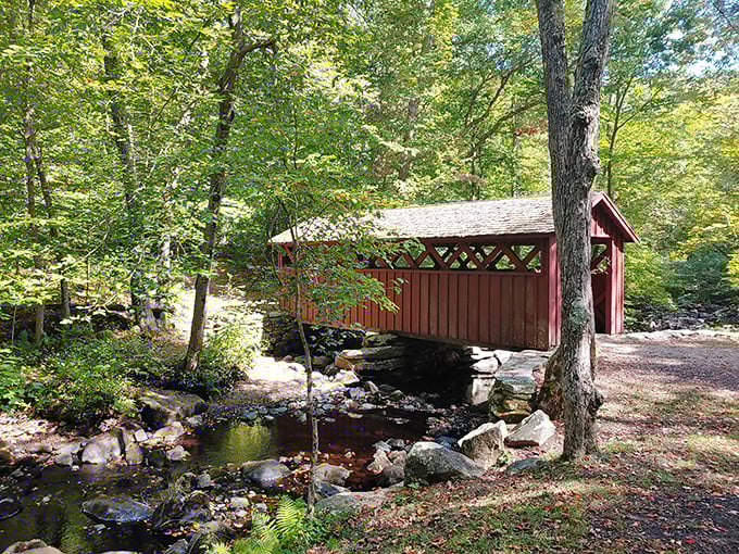 Not all heroes wear capes; some are red covered bridges spanning bubbling brooks. Engineering marvel meets storybook charm.
