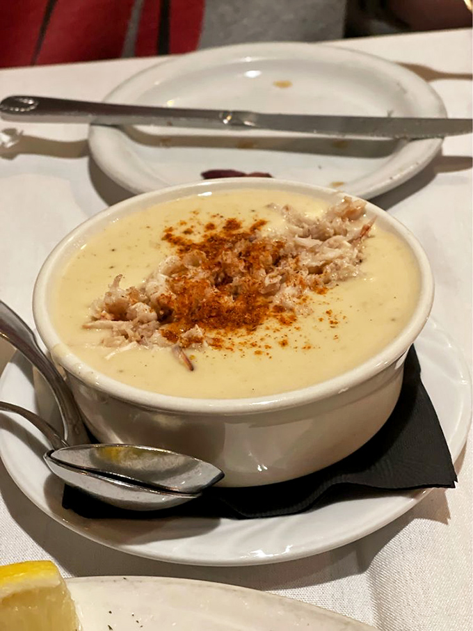 Creamy crab soup topped with a sprinkle of Old Bay—Maryland comfort in a bowl. Like a warm hug from the Chesapeake Bay itself.