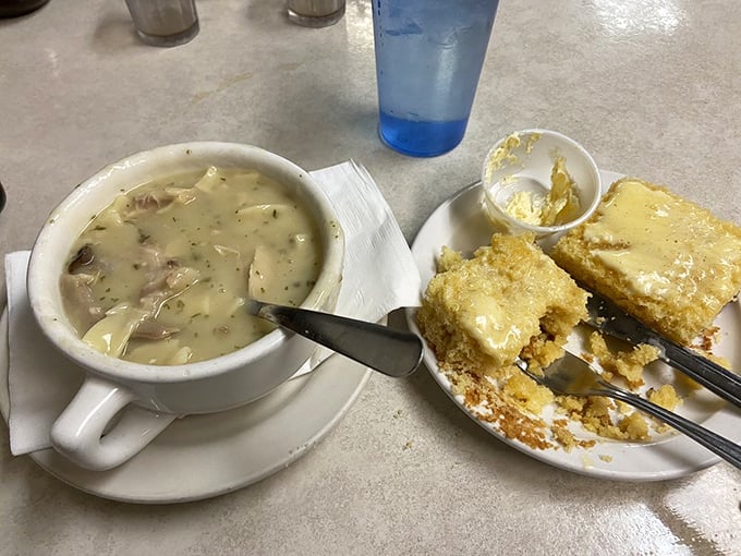 Comfort in a bowl – this creamy soup alongside golden cornbread proves that sometimes the simplest combinations deliver the most profound satisfaction.