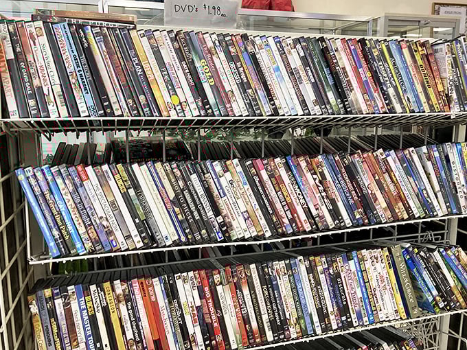 The DVD section: where physical media refuses to die. Each rack a time capsule of entertainment history, from blockbusters to those straight-to-video gems.