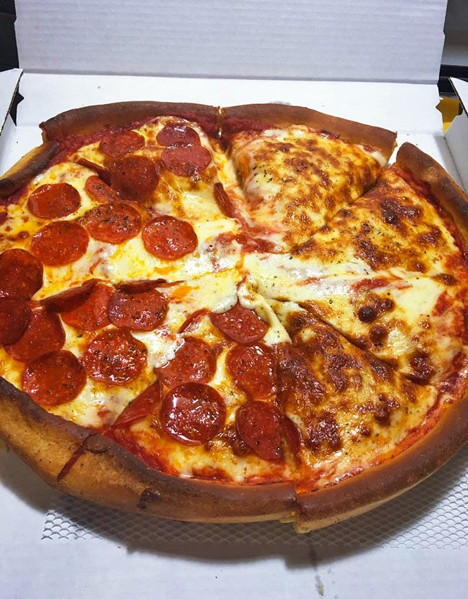 Half pepperoni, half cheese—the Switzerland of pizza compromises that keeps family peace while delivering maximum flavor in that deep dish.