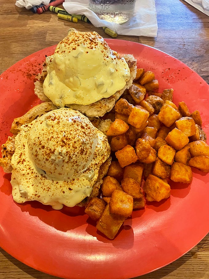 Eggs Benedict that would make the Pope himself convert to the Church of Brunch. Those home fries look like they've been blessed by butter.