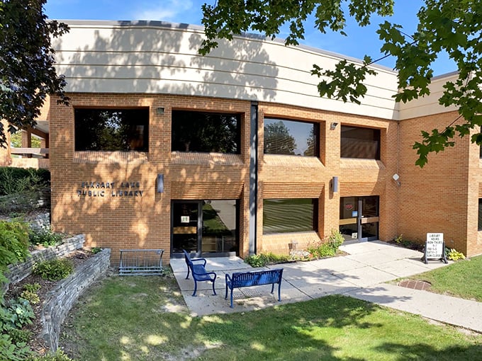The Elkhart Lake Public Library proves that vacation reading spots don't need to be hammocks—though they do have those comfortable blue benches.