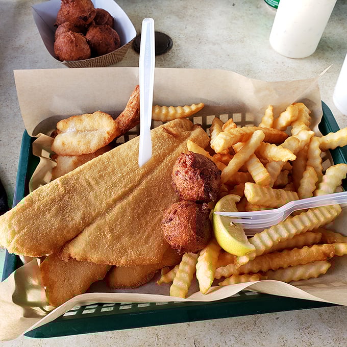 Golden fried fish and crispy fries – the kind of basket that makes you forget your table manners and dive in headfirst.