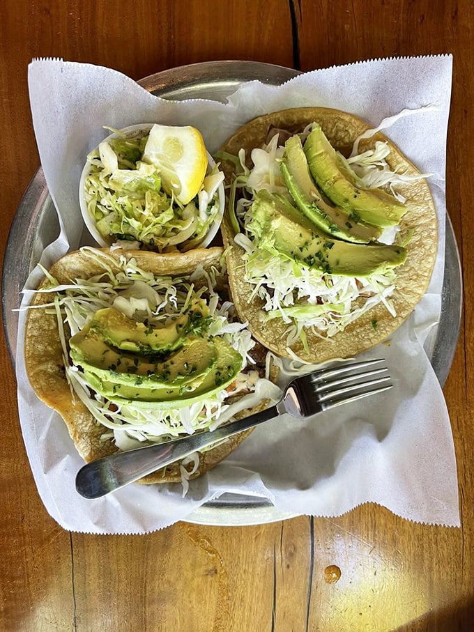 Fish tacos so fresh they might still have their swimming licenses. The avocado slices are just showing off at this point.