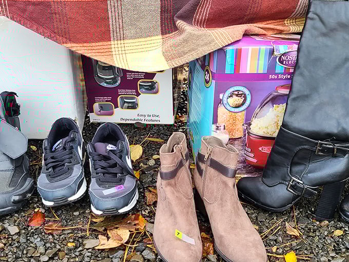 Footwear finds nestled among fallen leaves—where practical meets nostalgic, and yesterday's fashion becomes tomorrow's "vintage score."