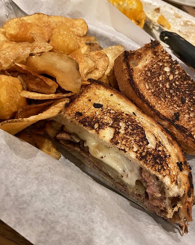 A proper grilled sandwich should ooze with melty cheese and be flanked by a mountain of house-made chips – mission accomplished at O'Rorke's.
