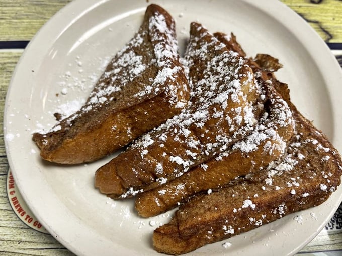 French toast that doesn't need a passport to impress—dusted with powdered sugar like Nashville after a gentle snow.