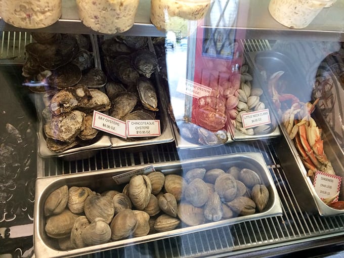 The seafood case—where Chesapeake Bay treasures await their destiny. Those oysters and clams are practically still gossiping about life on the ocean floor.