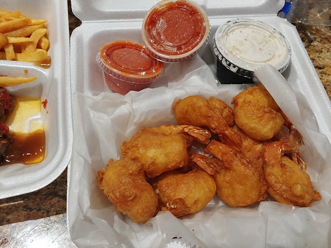 These golden-battered shrimp aren't just fried—they're transformed into crunchy vessels of oceanic delight that would make Neptune himself order seconds.