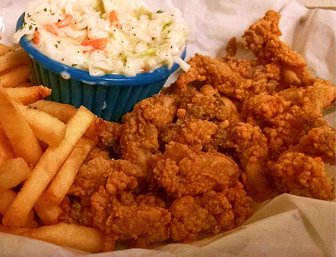 Golden-fried shrimp that crunch like autumn leaves, with fries and coleslaw standing by as loyal sidekicks in this seafood superhero story.