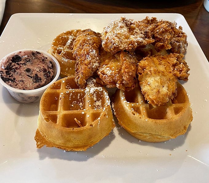 Fried chicken tenders and waffles that solve the sweet-or-savory breakfast dilemma with a resounding "Why not both?" Pure comfort on a plate.