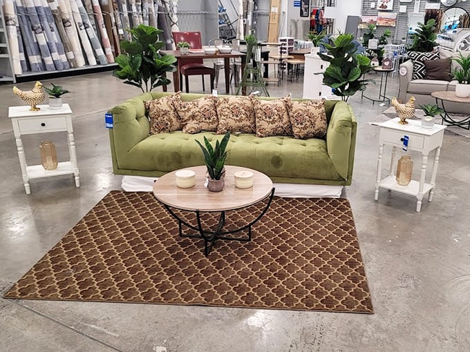 Living room goals that won't empty your savings account – this stylish green sofa setup proves good taste doesn't require a trust fund.