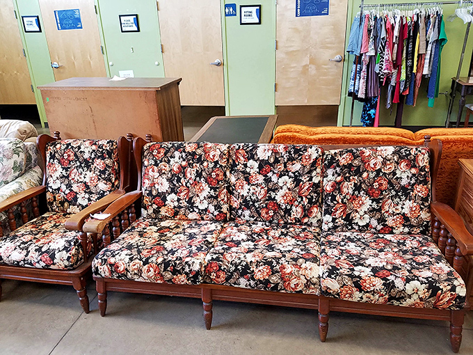 That floral sofa isn't just seating – it's a 1970s living room waiting to tell stories in your modern apartment.