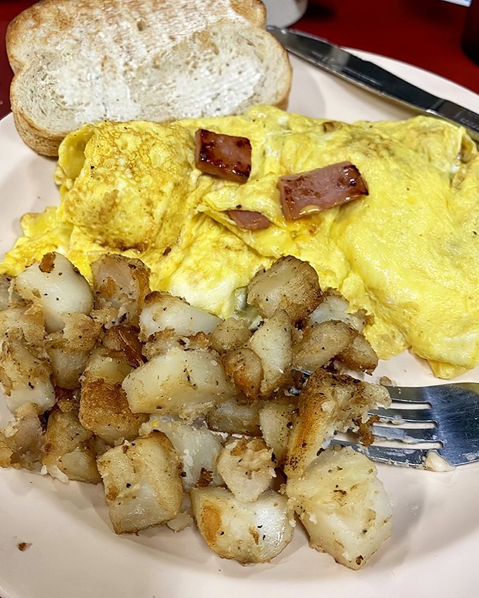 This isn't just an omelet—it's breakfast architecture. Golden eggs, perfectly crisped potatoes, and toast ready for action. The breakfast trifecta in its natural habitat.