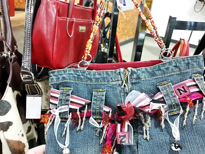 Handbag heaven where designer dreams meet budget realities. That denim creation might just be someone's upcycling masterpiece!