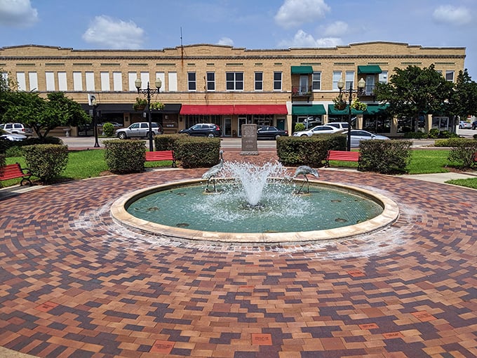 Heritage Park's fountain creates a peaceful centerpiece for downtown, where shoppers and lunchers gather. The brick pavers weren't cheap, but they sure beat Florida's usual asphalt heat islands.