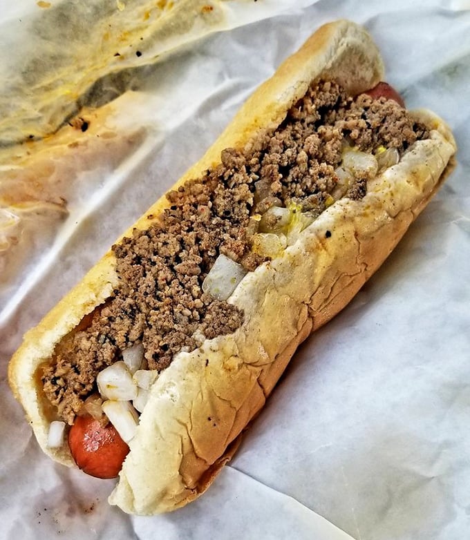 The hot dog "all the way" – where that legendary homemade chili transforms an everyday frank into something transcendent.