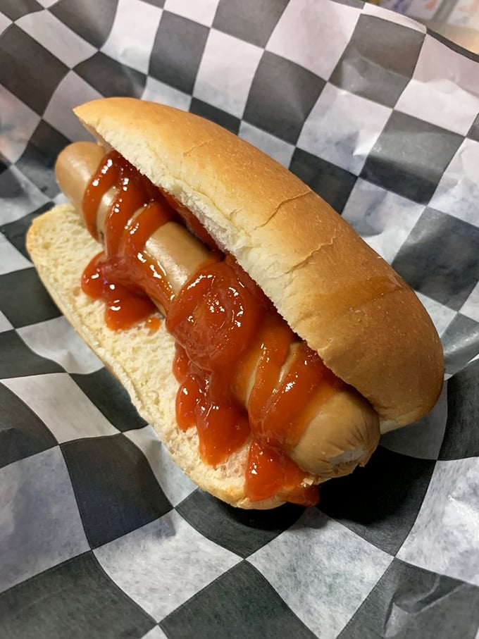 Sometimes simplicity speaks volumes – like a classic hot dog that knows exactly what it is and refuses to apologize for perfection.