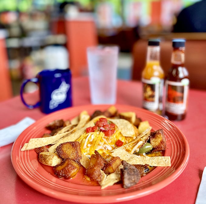 Breakfast alchemy at its finest—crispy potatoes, melty cheese, and fresh toppings create a morning fiesta that coffee alone can't match.