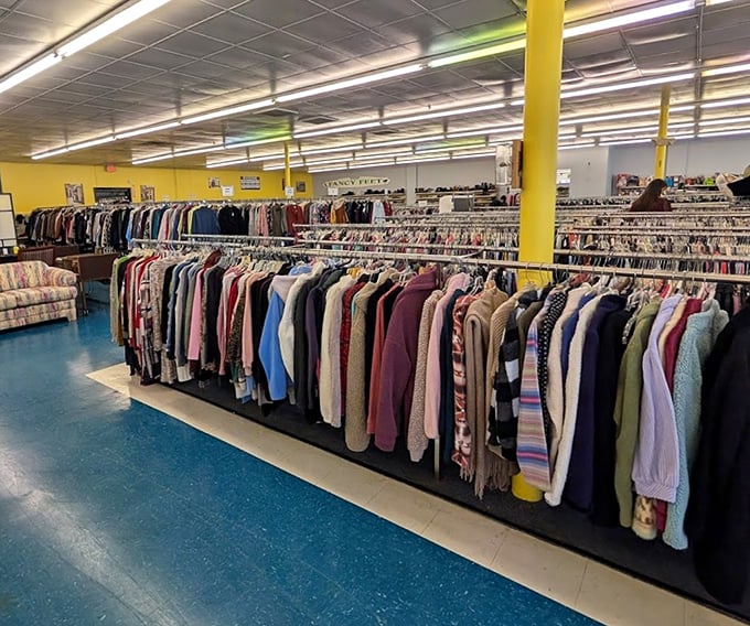 The jacket section: where fashion trends of the past three decades gather for their second chance at stardom. That blue cardigan is practically begging for a new home.