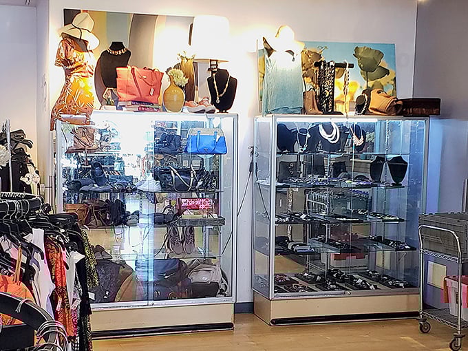 The jewelry display cases function as time capsules of fashion eras gone by. Vintage accessories waiting for their second act on your wrist or neck.