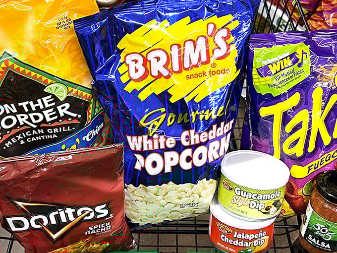 Name-brand snacks at bargain prices – the holy grail of dollar store shopping. Finding Doritos and On The Border chips here feels like winning a small lottery.