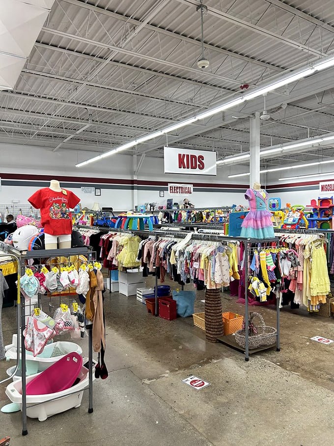 The kids' section explodes with color and possibility, where tiny tutus and miniature t-shirts await their next adventure.