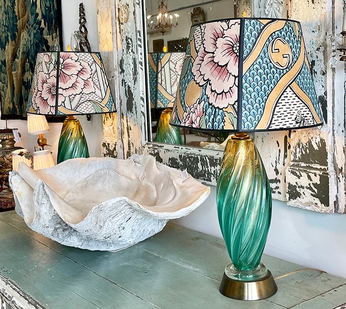 Aqua glass lamps with hand-painted shades that would make your grandmother swoon and your interior designer friend jealous.