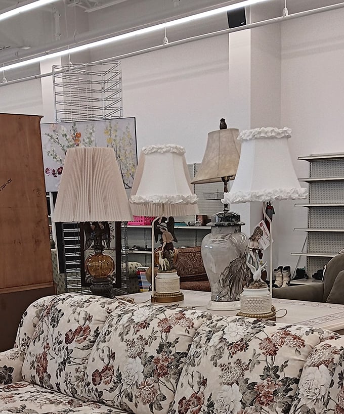 These elegant lampshades await their perfect match, perched atop floral furniture like fancy hats at a garden party for home décor.
