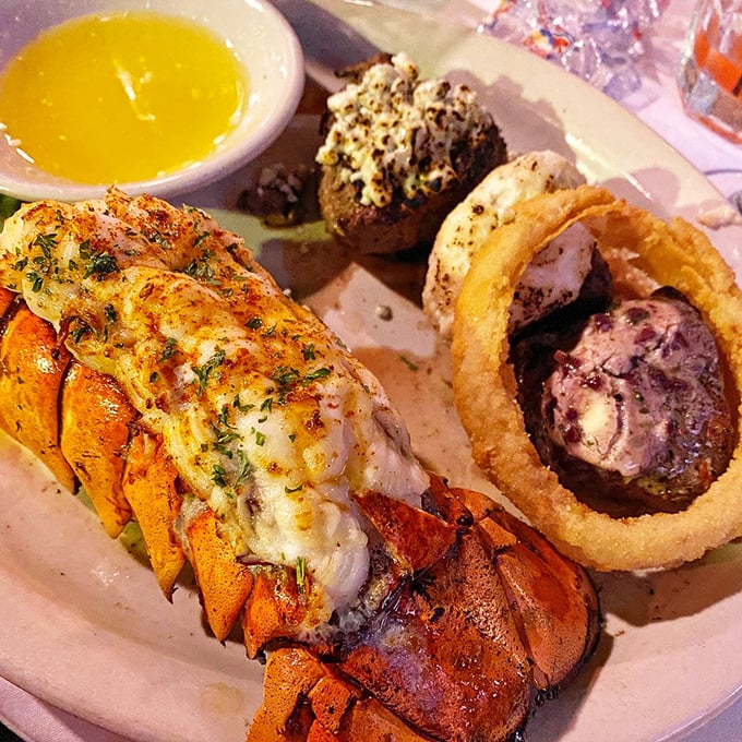 Surf meets turf in perfect harmony—a buttery lobster tail alongside a filet that makes you wonder why you'd ever order anything else.