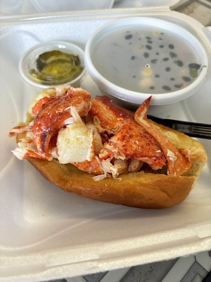 Maine lobster that traveled 1,500 miles to fulfill its destiny. Chunks of sweet meat nestled in a perfectly toasted roll—seafood nirvana achieved.