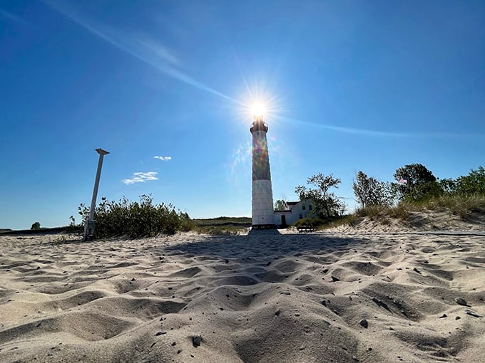 When the sun positions itself perfectly behind the lantern room, even non-photographers reach for their phones. Nature's spotlight on a Michigan icon.