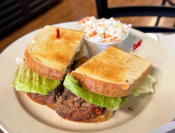A meatloaf sandwich that would make your grandmother nod in approval. The lettuce is just there to make you feel virtuous about your life choices.