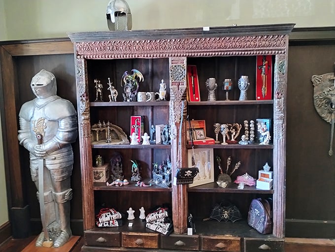 Nothing says "authentic castle experience" like a suit of armor standing guard beside a cabinet of curiosities. Sir Clank-a-lot hasn't moved in decades.
