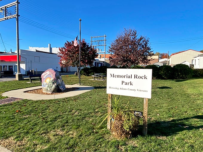 Memorial Rock Park honors Adams County veterans with quiet dignity—a reminder that small towns often give the most to national service.